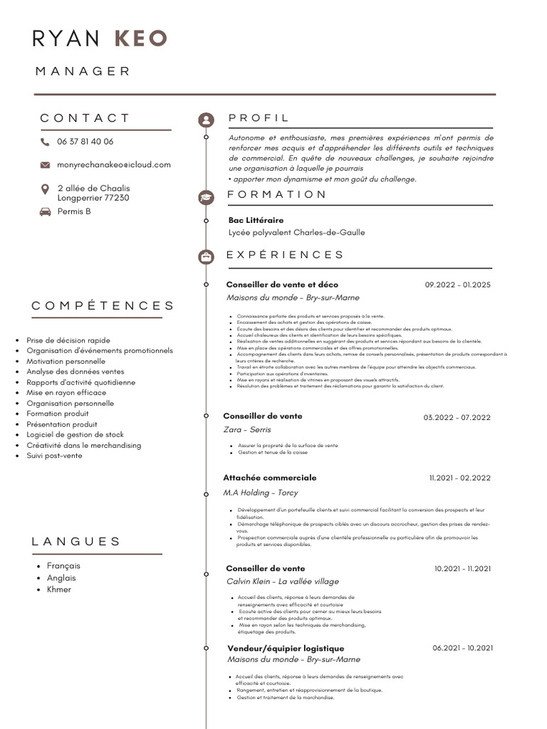 CV de Ryan Keo - Manager des Ventes | PDF | Merchandising | Business