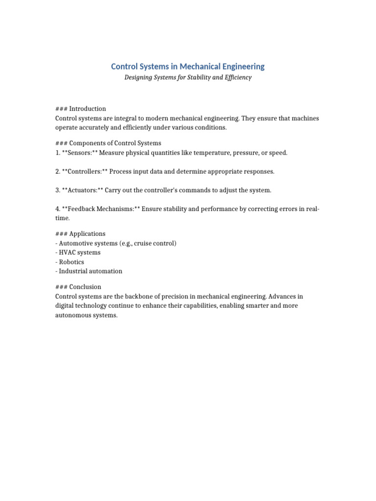 Control Systems in Mechanical Engineering | PDF