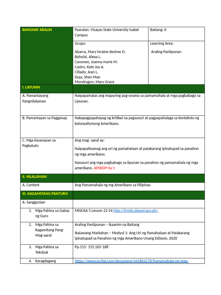 Banghay Aralin Sa Ap Group 3 | PDF