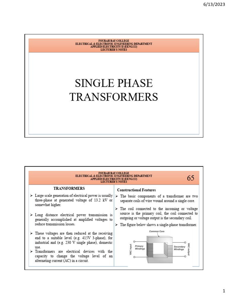 Applied Elect 2 - Single Phase Transformers | PDF | Transformer | Inductor