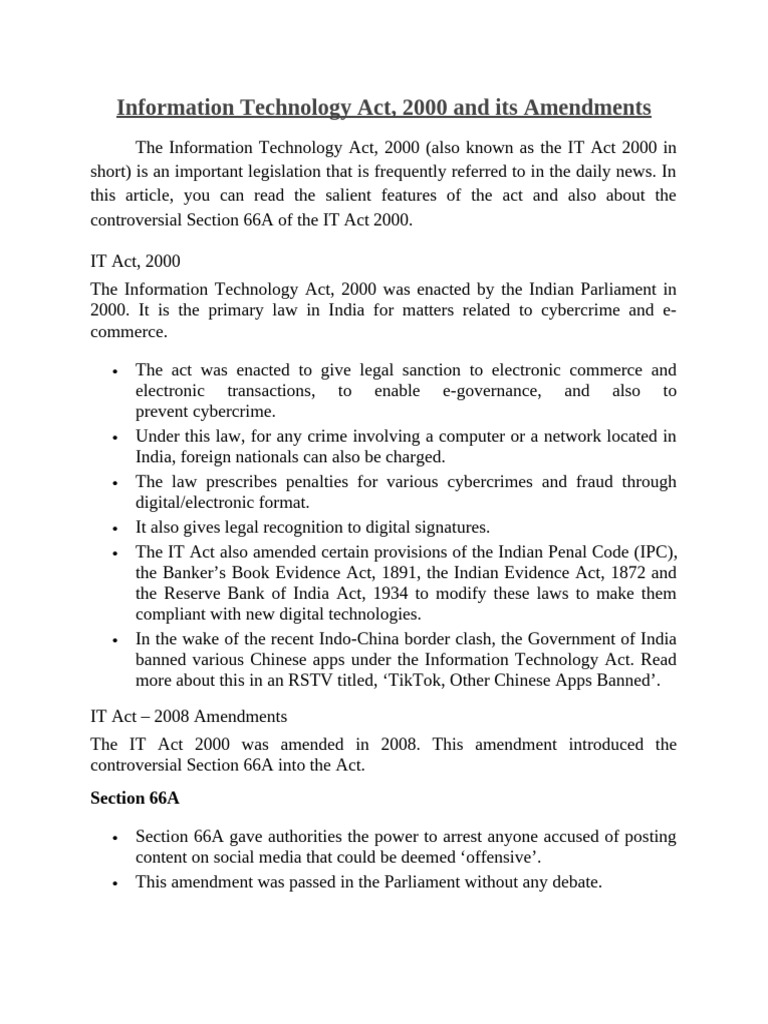 Information Technology Act, 2000 & its Amendments | PDF | Justice | Crime & Violence
