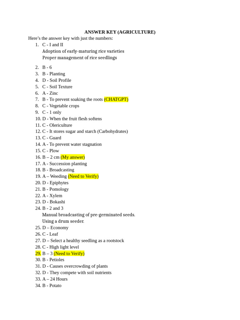 Agriculture Answer Key Overview | PDF | Agriculture | Vegetables