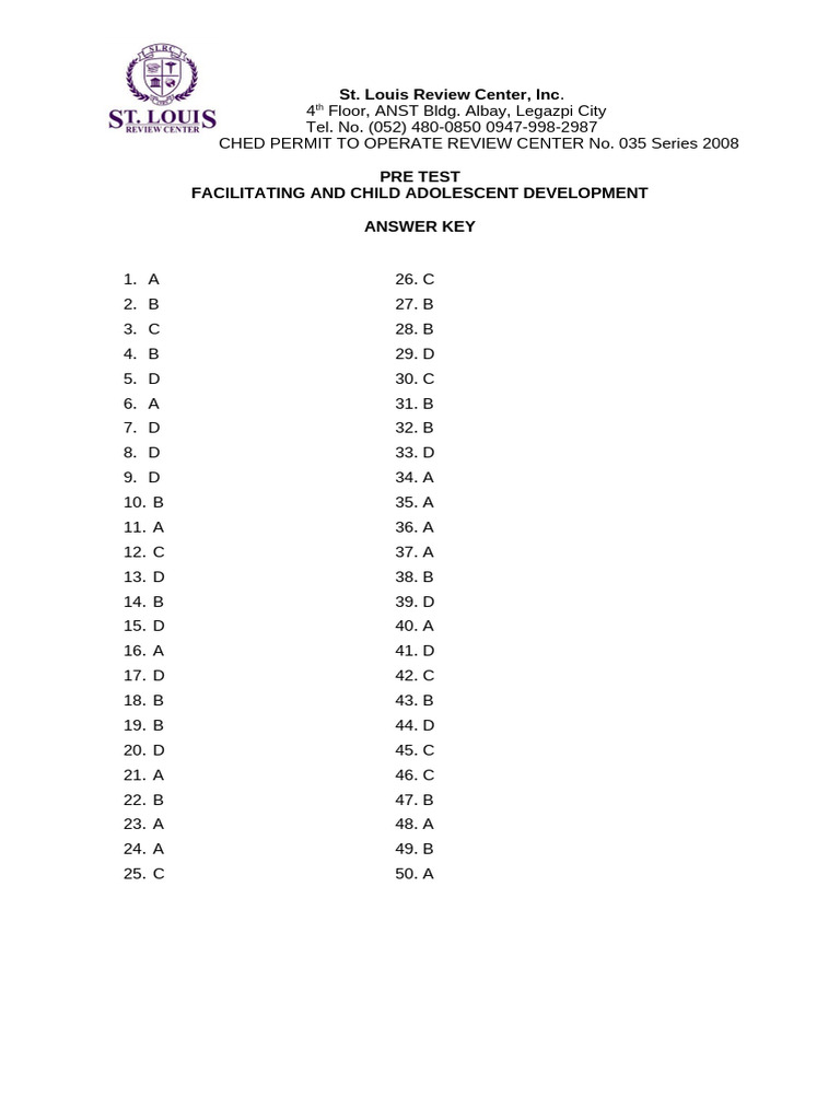 Pre Test Facilitating and Child Adolescent Development Answer Key | PDF