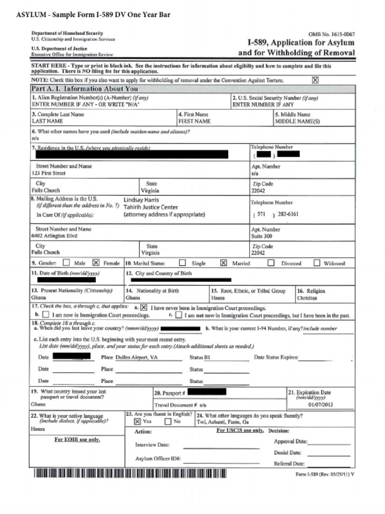 Asylum Sample Form I 589 DV One Year Bar1 | PDF