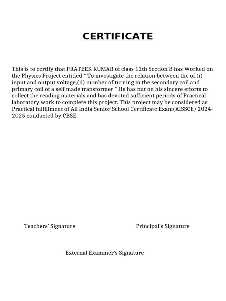 Transformer Xii Physics Investigatory Project 1 Pdf Transformer Inductor