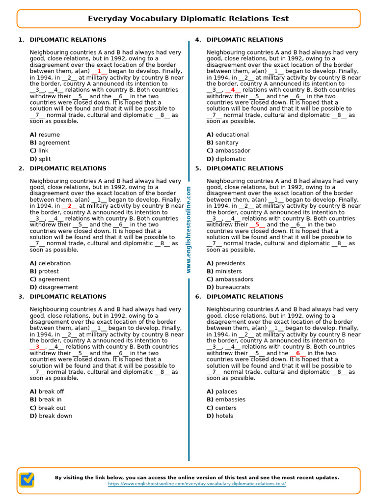 220 - Everyday Vocabulary Diplomatic Relations Test | PDF | Diplomacy ...