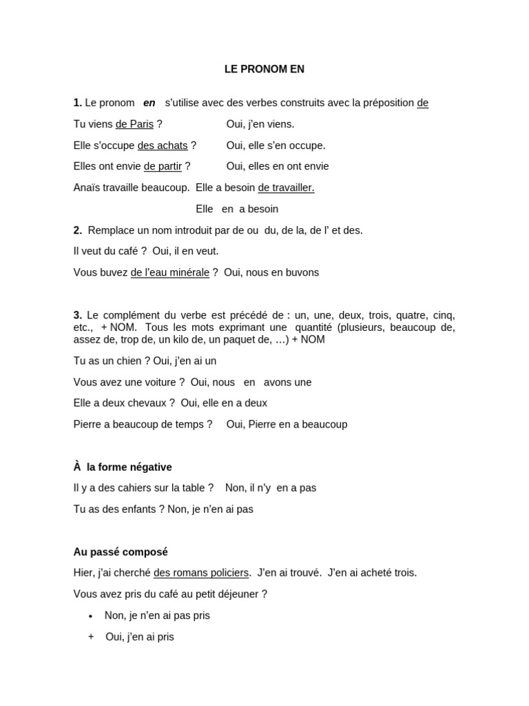 Utilisation du pronom "en" en français | PDF