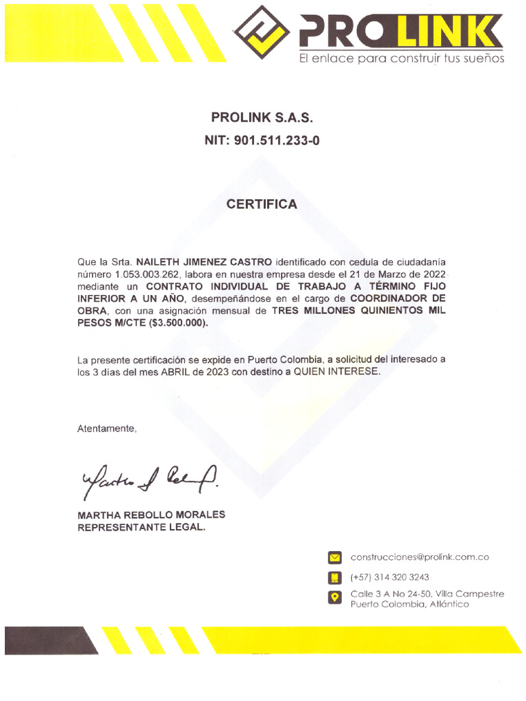 7.1 Certificado Laboral Prolink | PDF