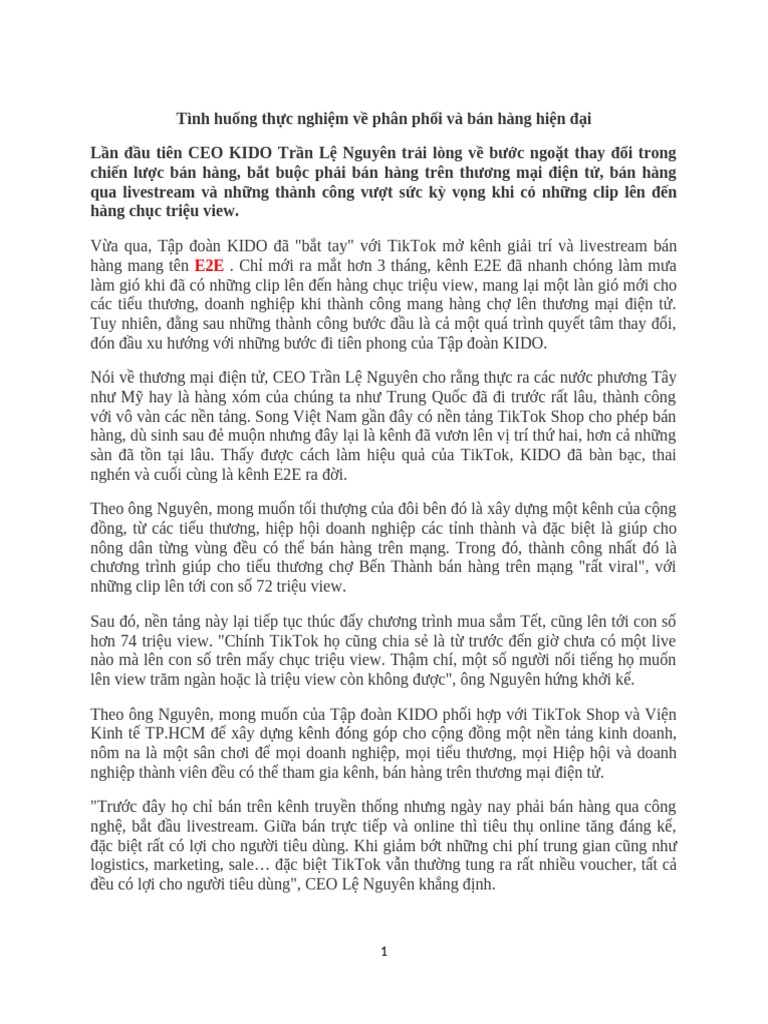 Tình Huống Thực Nghiệm Về Phân Phối Và Bán Hàng Hiện Đại - Trường Hợp KIDO | PDF