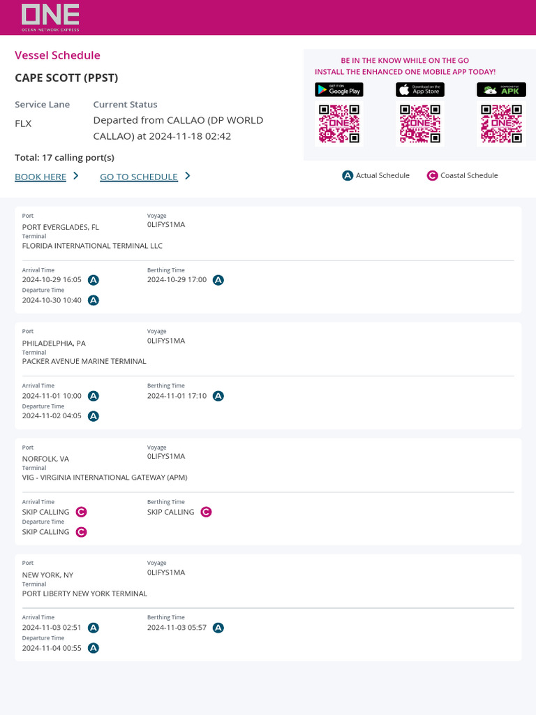 ONE Vessel Schedule 20241118 | PDF | Port | Freight Transport