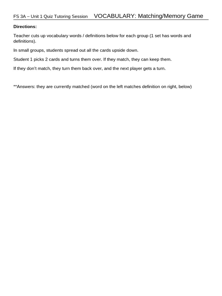 Vocab - Matching - Memory Game | PDF