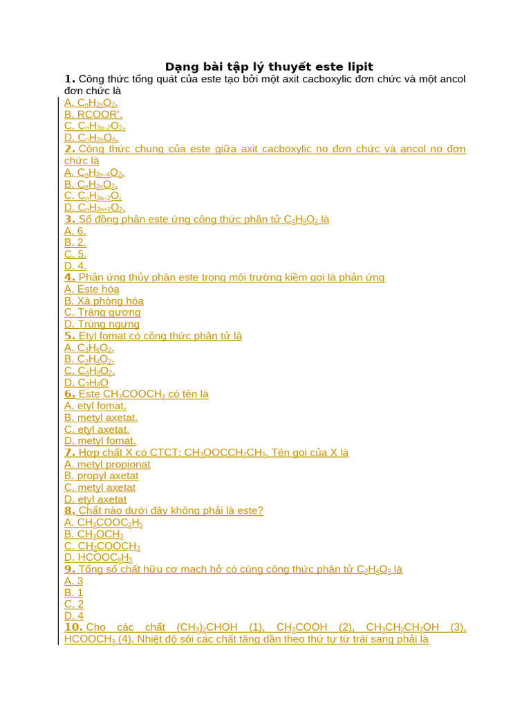 Dạng bài tập lý thuyết este lipit | PDF