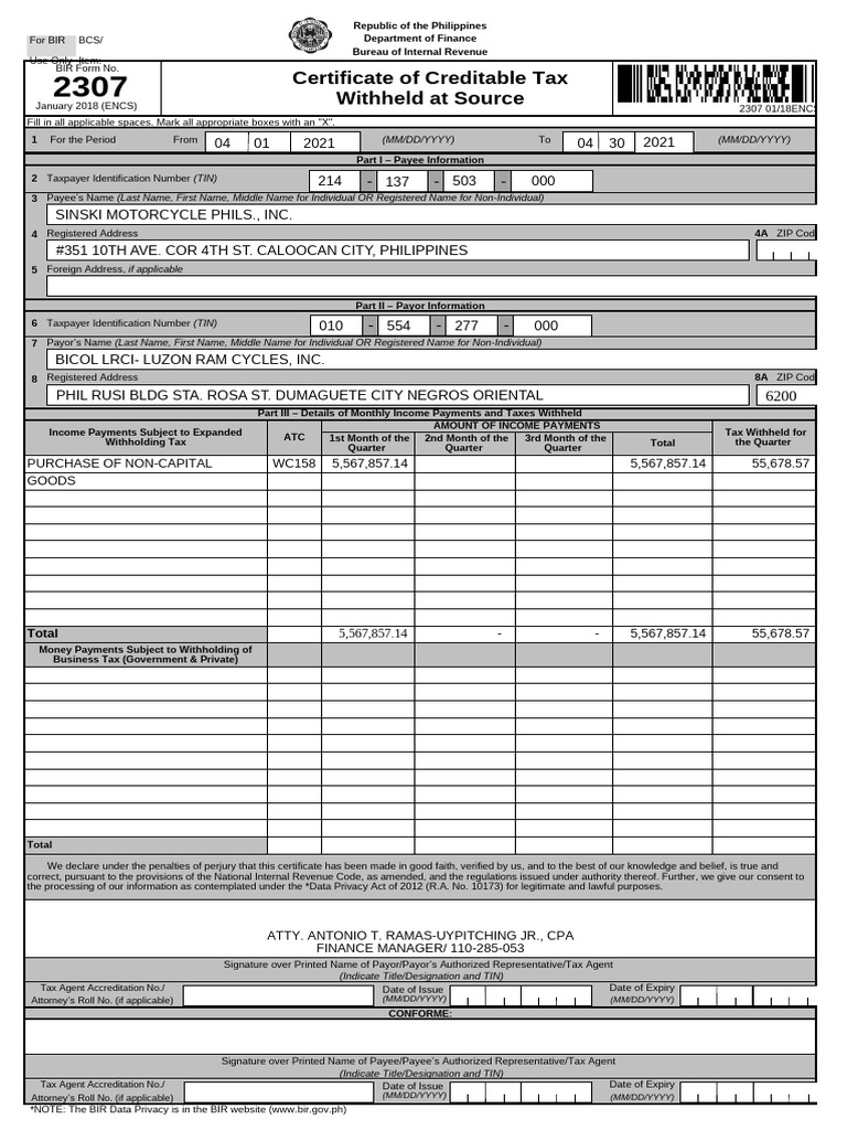 2307- Wifi Daet - Copy | PDF | Value Added Tax | Taxes