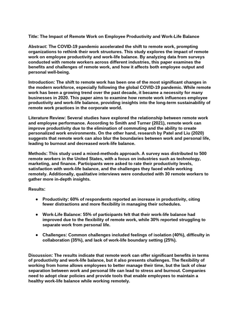Remote Work: Productivity & Balance Insights | PDF | Employment | Work ...