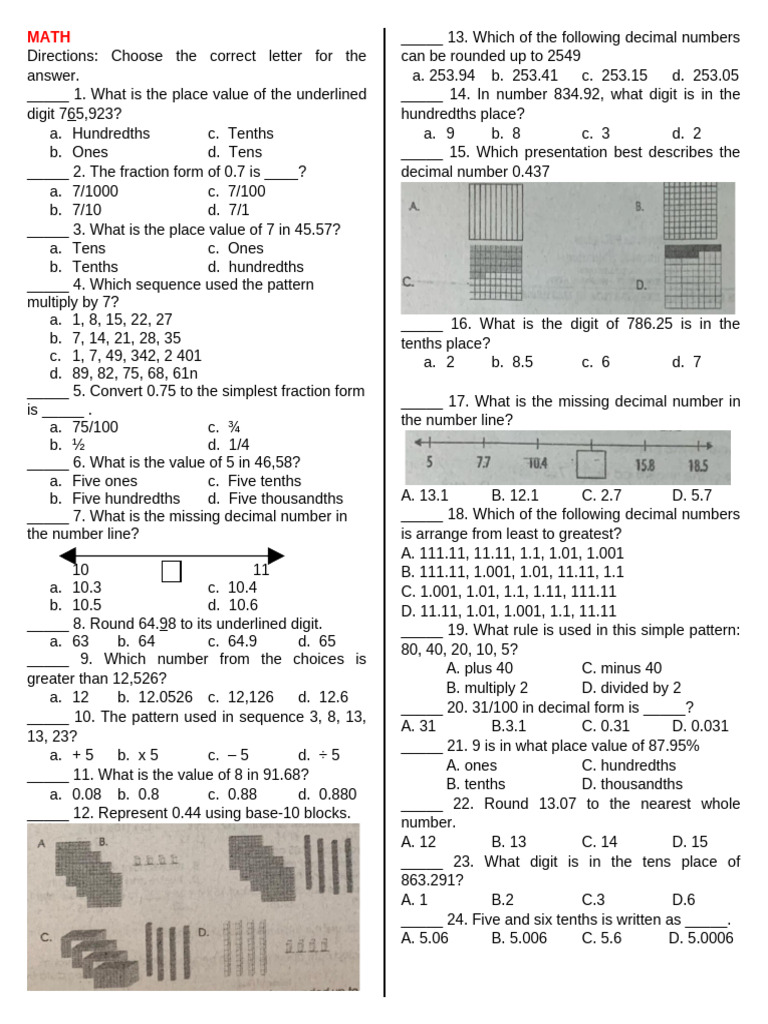 MATH, ENGLISH, FILIPINO 4 | PDF | Decimal | Numbers