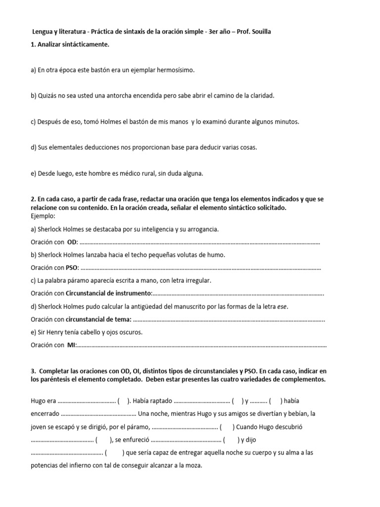 Práctica de sintaxis de la oración simple | PDF