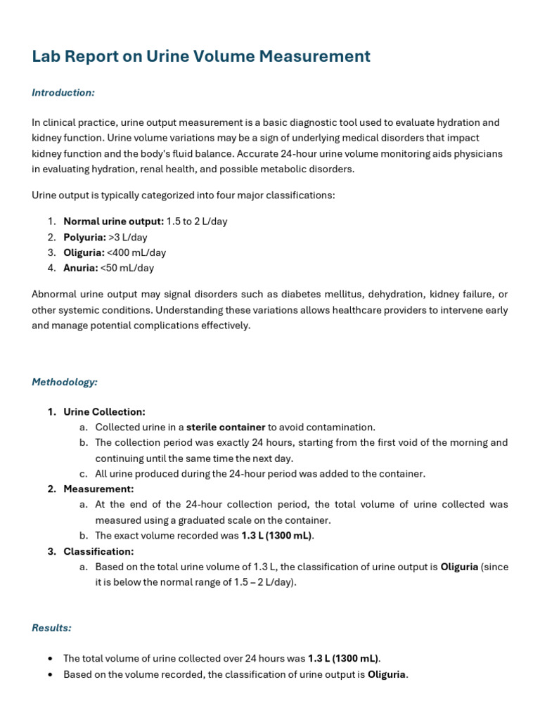 24-Hour Urine Volume Analysis: Oliguria | PDF | Urine | Dehydration