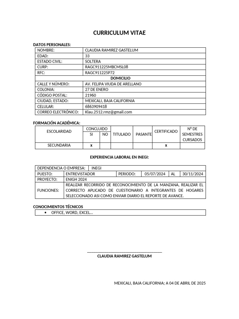 Curriculum Vitae de Claudia Ramírez | PDF