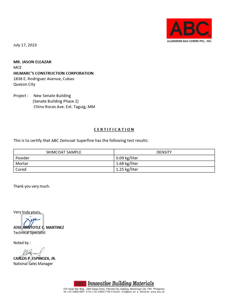 ABC Zemcoat Density Certification | PDF