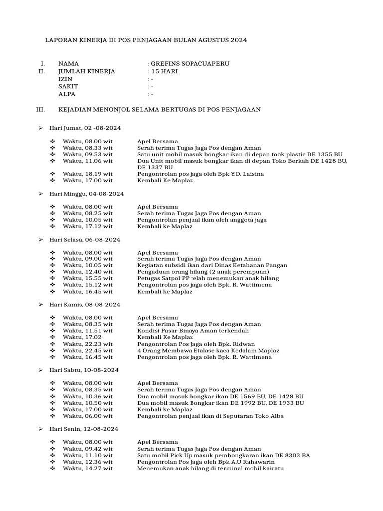 LAPORAN KINERJA DI POS PENJAGAAN BULAN AGUSTUS 2024 Abang Semi Arlat | PDF
