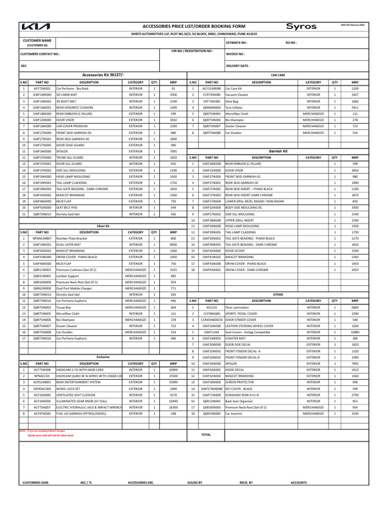 Syros Accessories Price List 2025 | PDF | Land Vehicles | Automotive ...