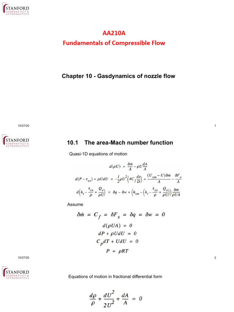 AA210A Chapter 10 Gasdynamics of Nozzles Brian J Cantwell | PDF | Compressible Flow | Mach Number