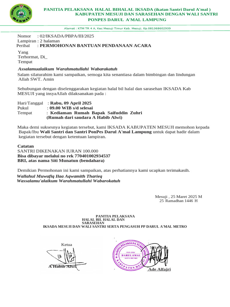 Permohonan Pendanaa Acara IKSADA MESUJI | PDF