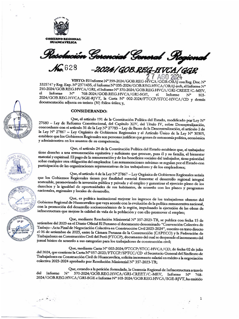 Mano de Obra Huancavelica RGGR-628-2024 | PDF