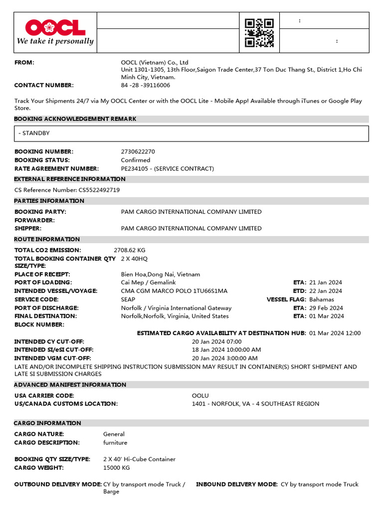 Booking Acknowledgement: 2730622270 Date | PDF | Cargo | Freight Transport