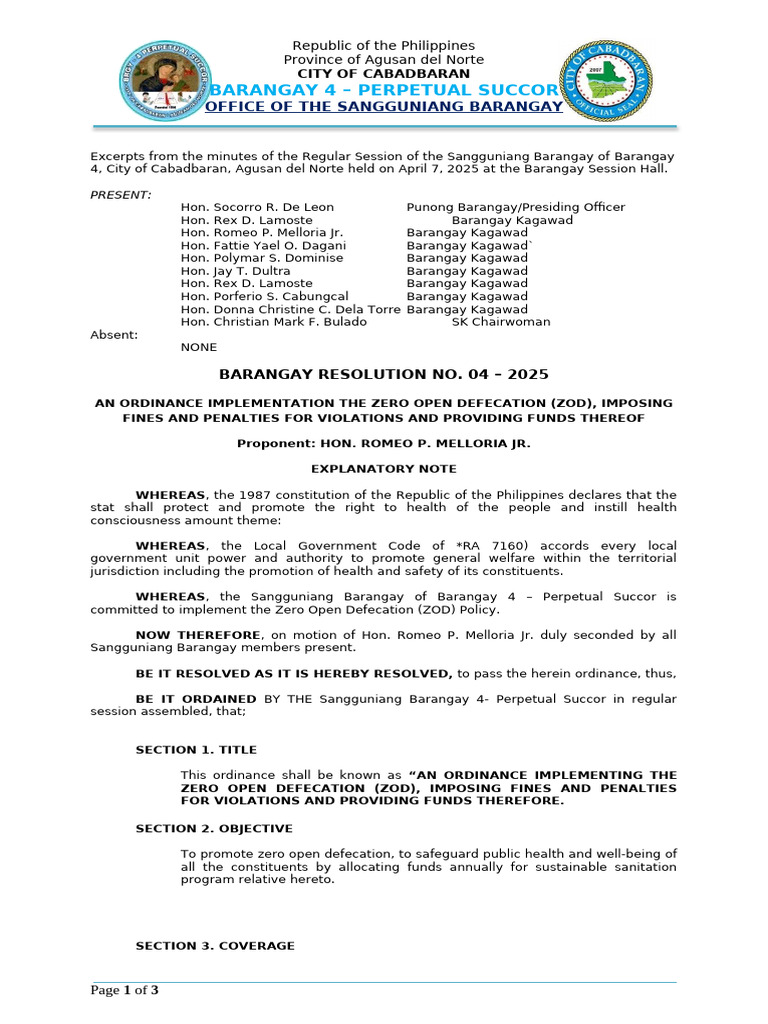 BARANGAY RESOLUTION NO. 03 - 2024 ZERO OPEN DEFECATIONS | PDF | Local ...