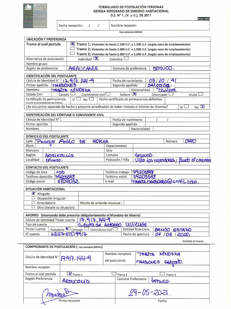 Formulario de Postulacion Personas Sistema Intregado de Subsidio Habitacional | PDF