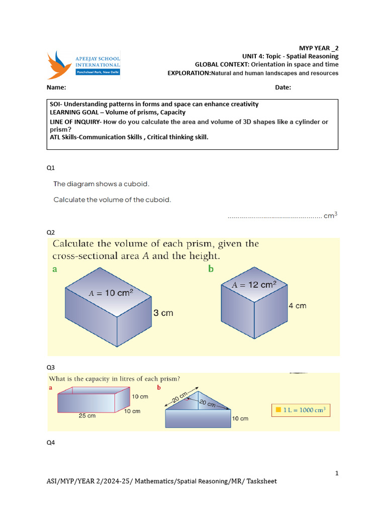 MYP 2 Spatial Reasoning Volumes Task Sheet | PDF