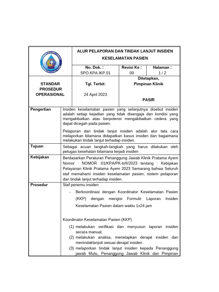 Spo Alur Pelaporan Dan Tindak Lanjut Insiden Keselamatan Pasien | PDF