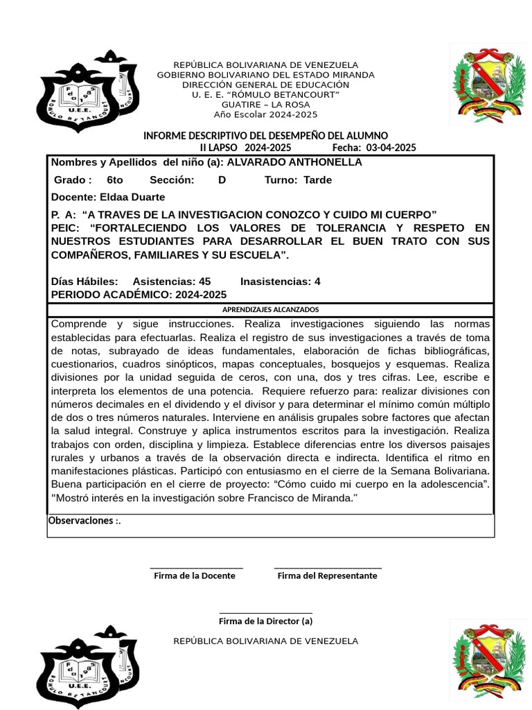 Boletas 6to D II Lapso | PDF | Venezuela | Escuelas