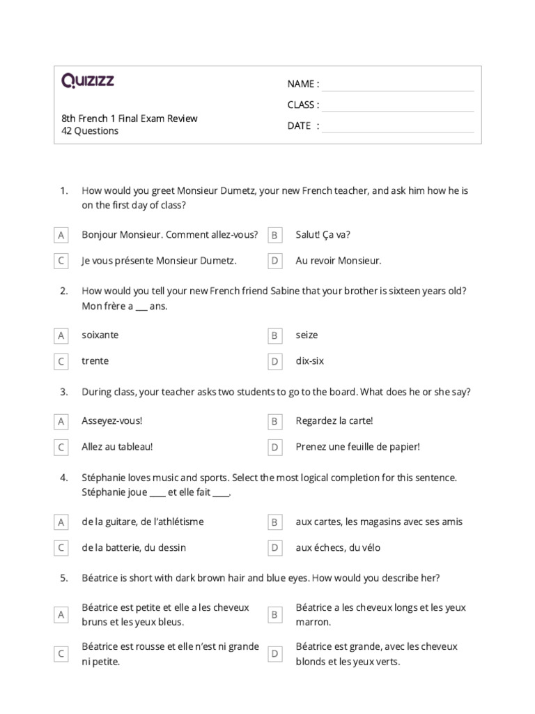 8th French 1 Final Exam Review (very good) | PDF