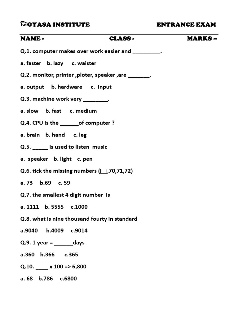 जिGYASA INSTITUTE ENTRANCE EXAM paper 2 | PDF | Input/Output | Computer Hardware