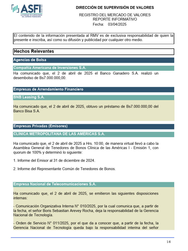Reporte Informativo ASFI Al 03 04 2025 | PDF | Bolsa | Inversiones