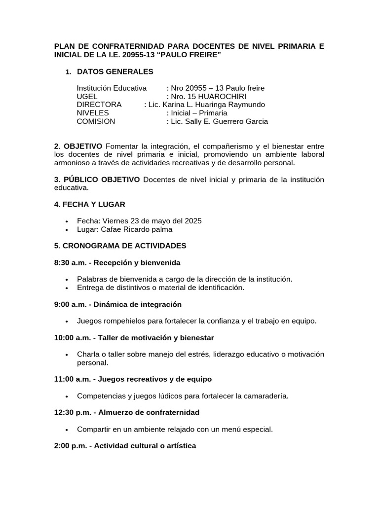 Plan de Confraternidad 2025 | PDF