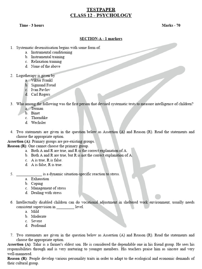 Class 12 Psychology Test Paper | PDF | Psychology | Mental Disorder