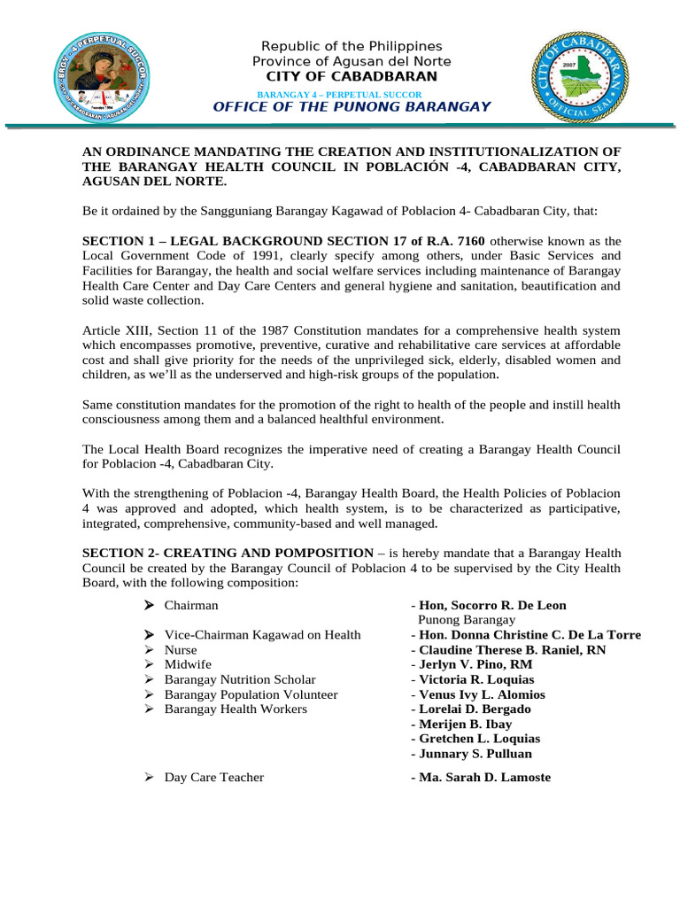 City Ordinance Barangay Health Board Council | PDF