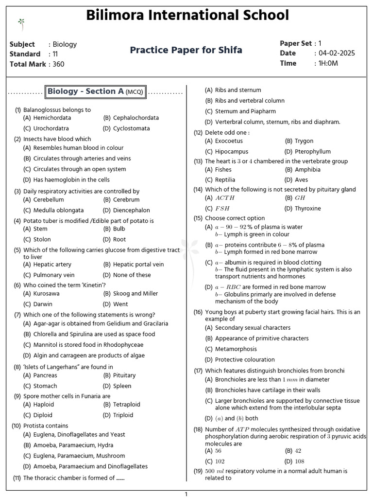 Practice Paper For Shifa 1738639084 | PDF | Respiratory System