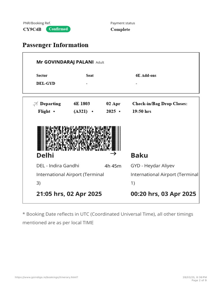 Flight Itinerary for 6E 1803 | PDF