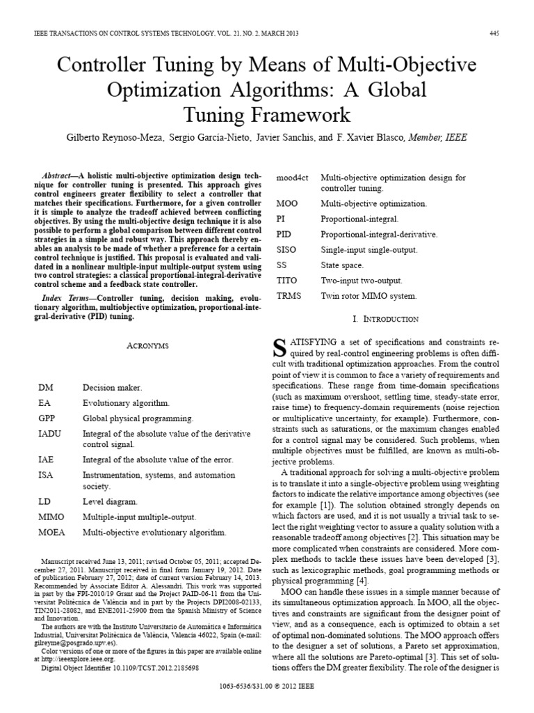 Controller Tuning By Means Of Multi Objective Optimization Algorithms