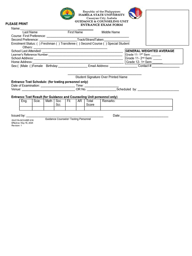 Entrance Exam Form | PDF