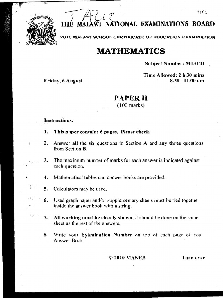 Maths Maneb 2010 Paper 2 | PDF