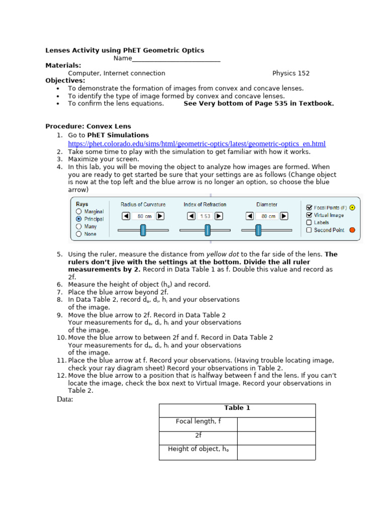 Lenses - Activity PhET Geometric Optics Summer 2024 | PDF | Lenses ...