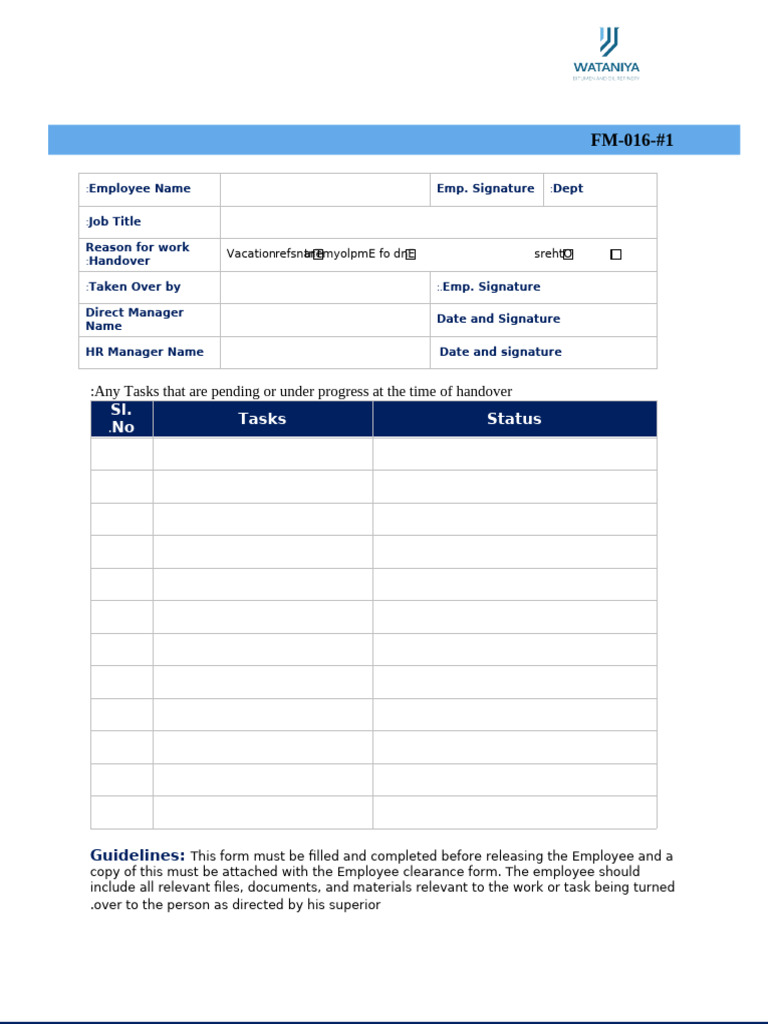 Employee Handover FormFM 016 #1WB | PDF