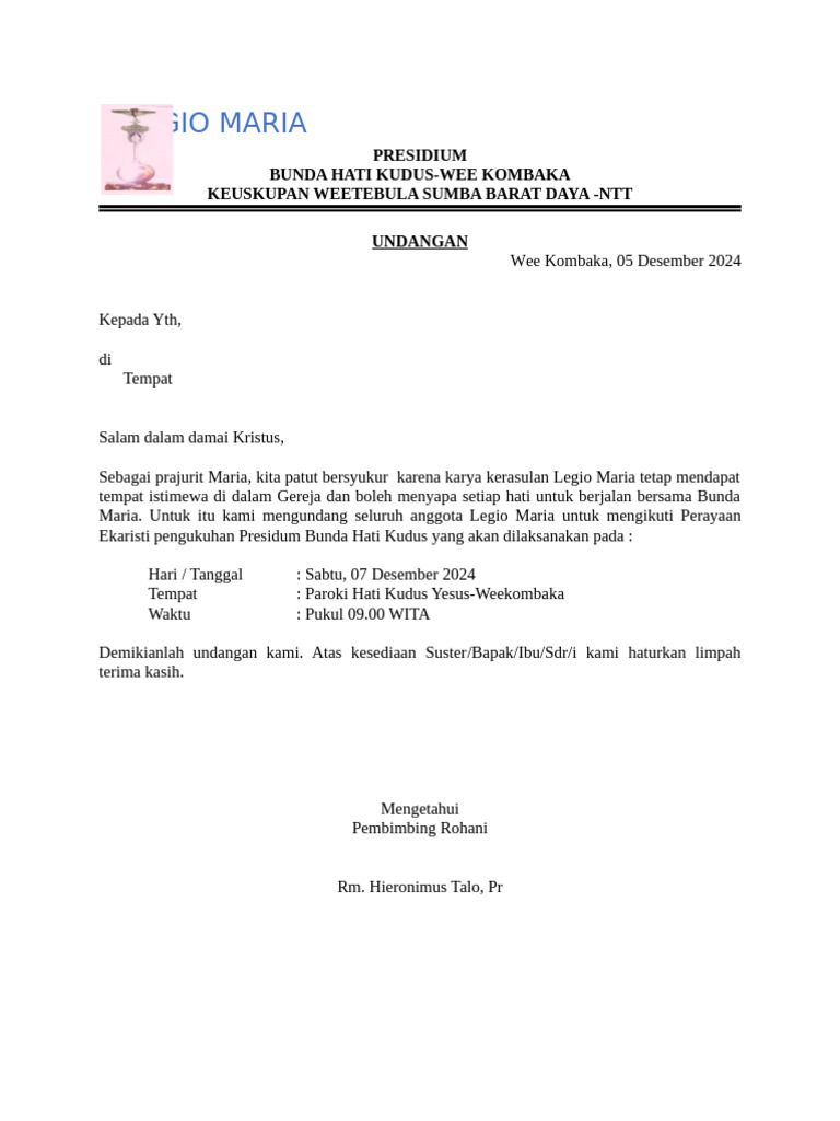 Undangan Rekoleksi Legio Maria | PDF