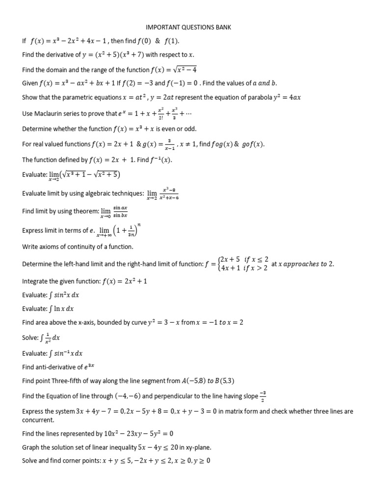 Important Questions Bank | PDF | Line (Geometry) | Function (Mathematics)