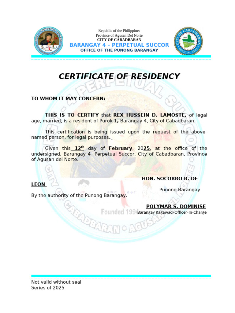 CERTIFICATE - (RESIDENCE) Bermoy | PDF